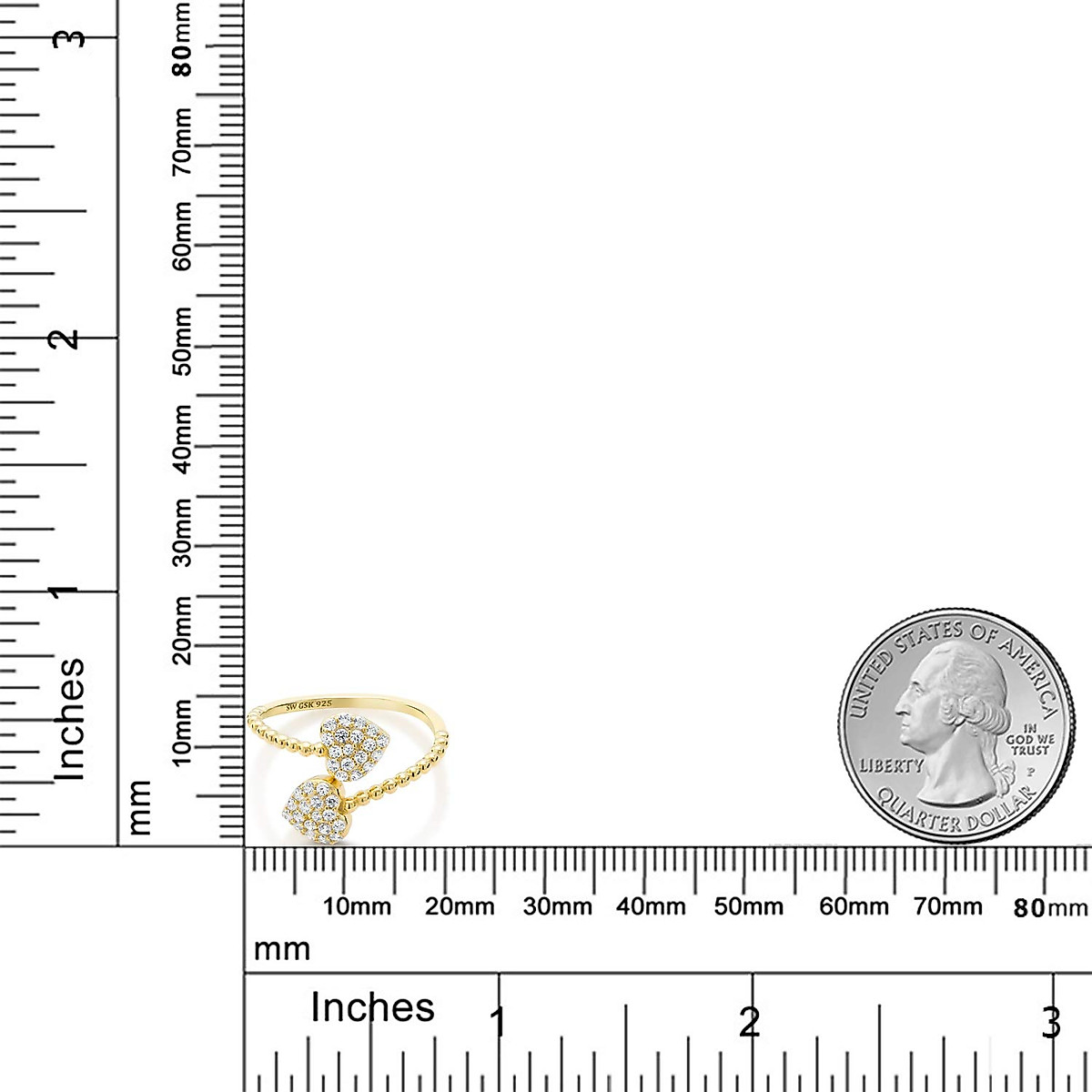 Gem Stone King 18K Yellow Gold Plated Silver Cubic Zirconia Double Love Hearts Open Ring For Women (0.35 Cttw, Available In Size 5, 6, 7, 8, 9)