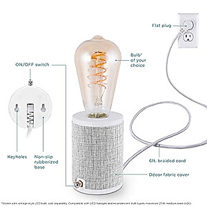 Enbrighten, Gray, Anywhere Lamp, 6 Ft Braided Cord, Flat Plug, Tabletop or Wall Mount, Designer Fabric Base, Bulb Not Included, 46177
