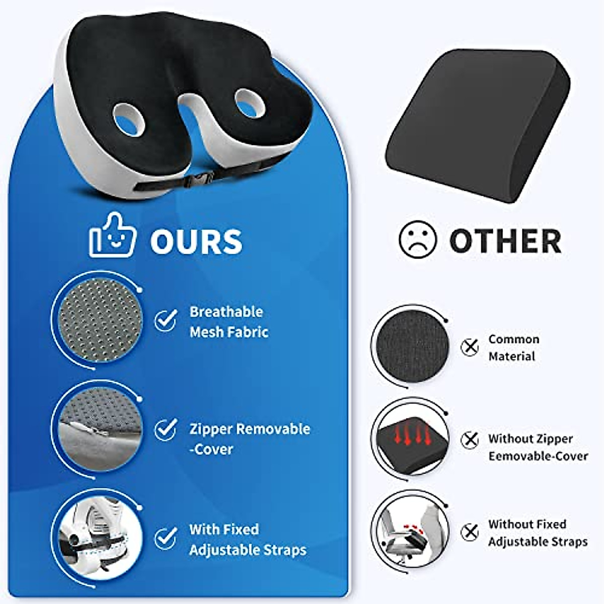 CODN Seat Cushion, Memory Foam Office Chair Cushion for All-Day Sitting, Tailbone and Sciatica Pain Relief Cushion, Chair Pad for Car Seat, Wheelchair and Desk Chair (Black)