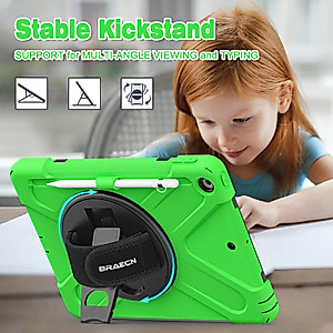 BRAECN iPad Case 9th/8th/7th Generation, 10.2 Inch iPad Case with Hand Strap, Dropproof Kids Case with Kickstand, Shoulder Strap, Pencil Holder, Pencil Cap Holder for 2021/2020/2019 10.2" iPad(Green)