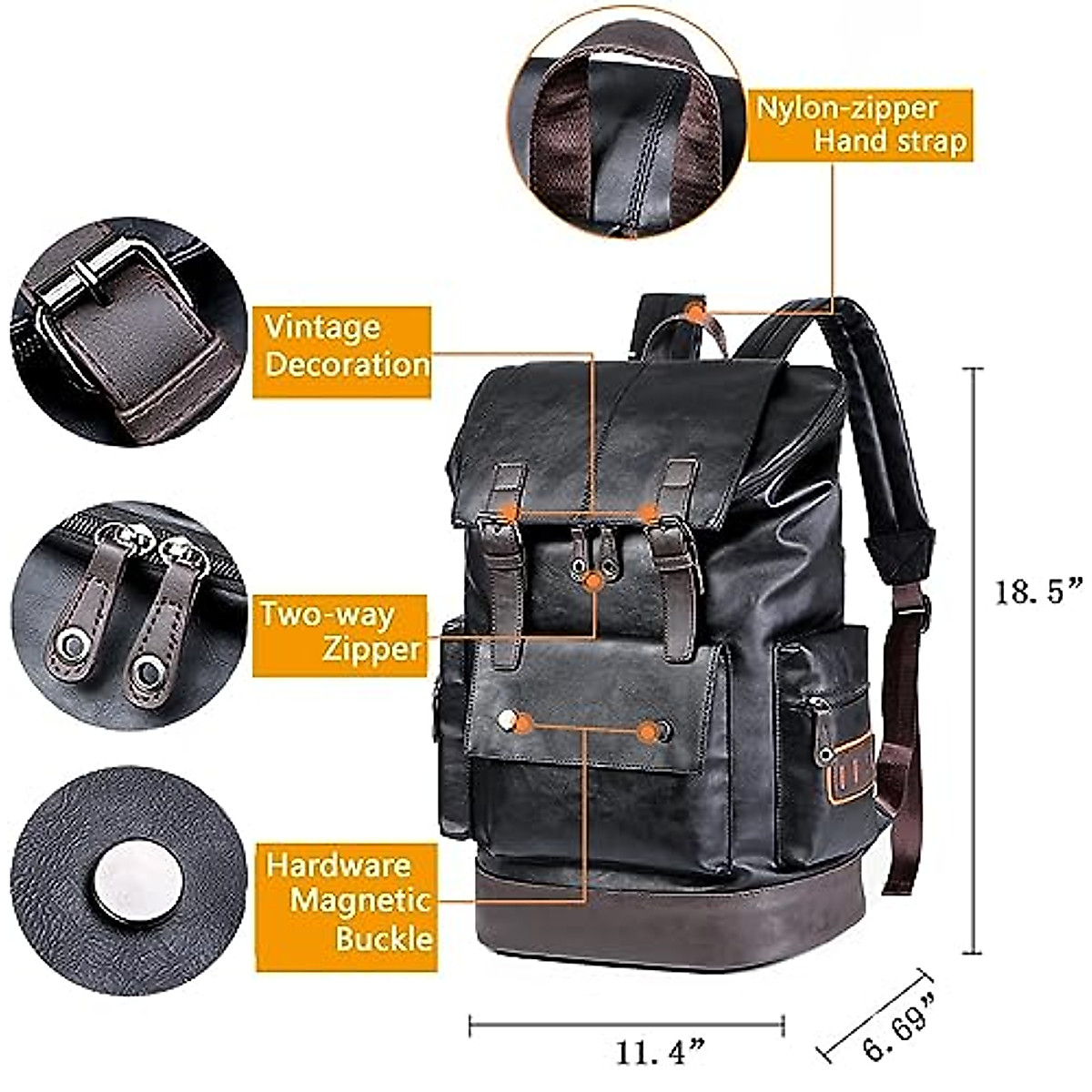 CHAO RAN Vintage Leather Laptop Backpack For Men, Men Black Leather Backpack Work Business Travel Waterproof Bags College Backpack Fit 17 Inch Laptop Black