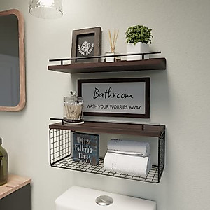 WOPITUES Floating Shelves with Bathroom Wall Décor Sign, Farmhouse Wood Bathroom Wall Shelves Over Toilet with Paper Storage Basket Set of 3, Rustic Floating Shelf with Guardrail–Rustic Brown