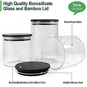 Urban Green Glass Jars with Black Lids, Glass food storage sets with airtight black lids, Glass Canisters Sets with Bamboo Lids, Glass Storage Containers with Bamboo Lids (6 Sets of 20oz)