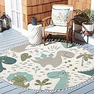 DNEWYNPABV Round Rugs Dinosaur Baby boy Childish Sweet Dino with Palm and Cactus Boho Area Rug Linen and Cotton Carpet Meditation Rug Washable Hallway Runner Mat Accent Rug for Bedroom Bathroom 4ft