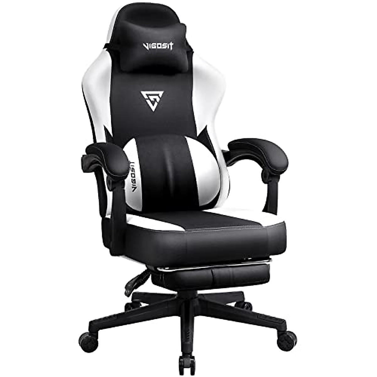 Vigosit Gaming Chair with Footrest, Fabric Gamer Chair with Lumbar Support Pillow, Computer Game Chairs for Adults, Big and Tall Office Chair Gaming 300LBS (Black White)
