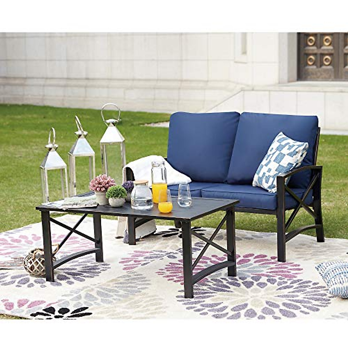 LOKATSE HOME 2 Pieces Patio Loveseat Metal Frame with Coffee Table Outdoor Bistro Furniture Set for Lawn Porch Garden Yard Poolside, Blue