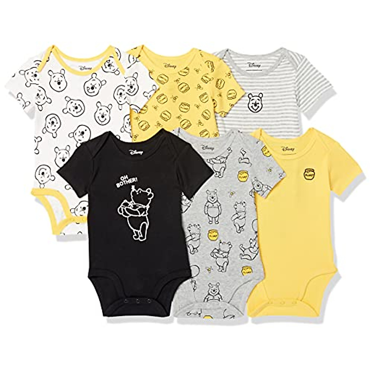 Amazon Essentials Disney | Marvel | Star Wars Unisex Babies' Short-Sleeve Bodysuits, Pack of 6, Winnie the Pooh Oh Bother!, 12 Months