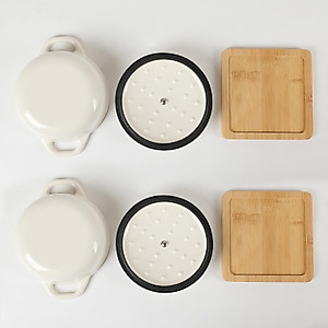 HAWOK Enameled Cast Iron Mini Dutch Oven,Dia5.51inch,23oz, Set of 2 Creamy white