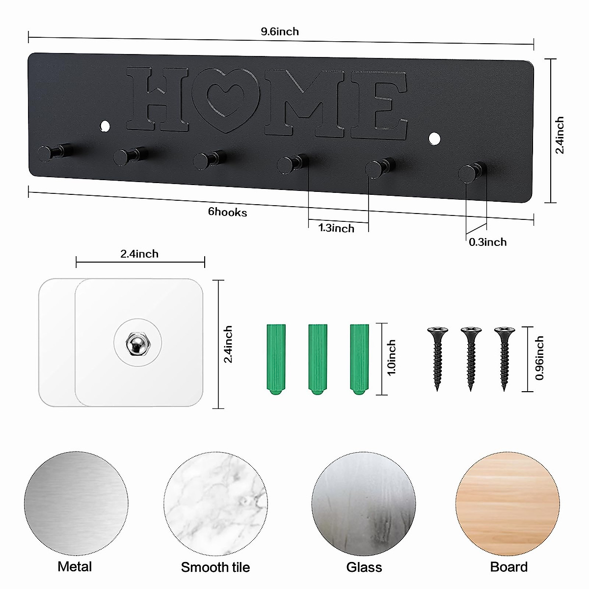 Key Holder Wall Mount, Metal Key Hooks for Wall, Key Hanger with 6 Hooks Keys Rack Organizer Self Adhesive Home Decor for Entryway Front Door Hallway Office, 9.6inch, Matt Black