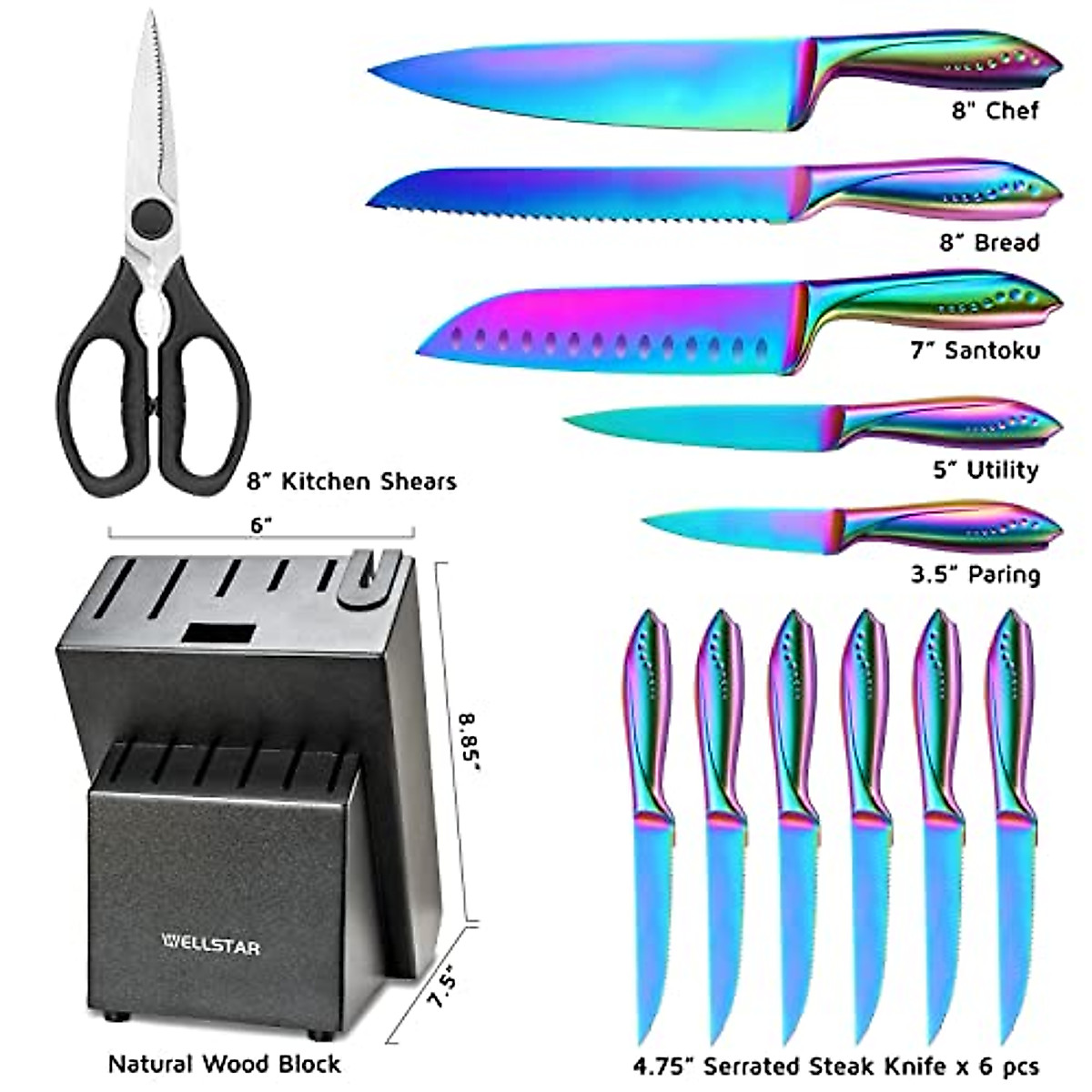 WELLSTAR Rainbow Knife Set 14 Pieces, Iridescent German Stainless Steel Kitchen Knives Set with Wooden Block, Colorful Titanium Coating, Chef’s Knife Block Set with Scissors and Built-in Sharpener