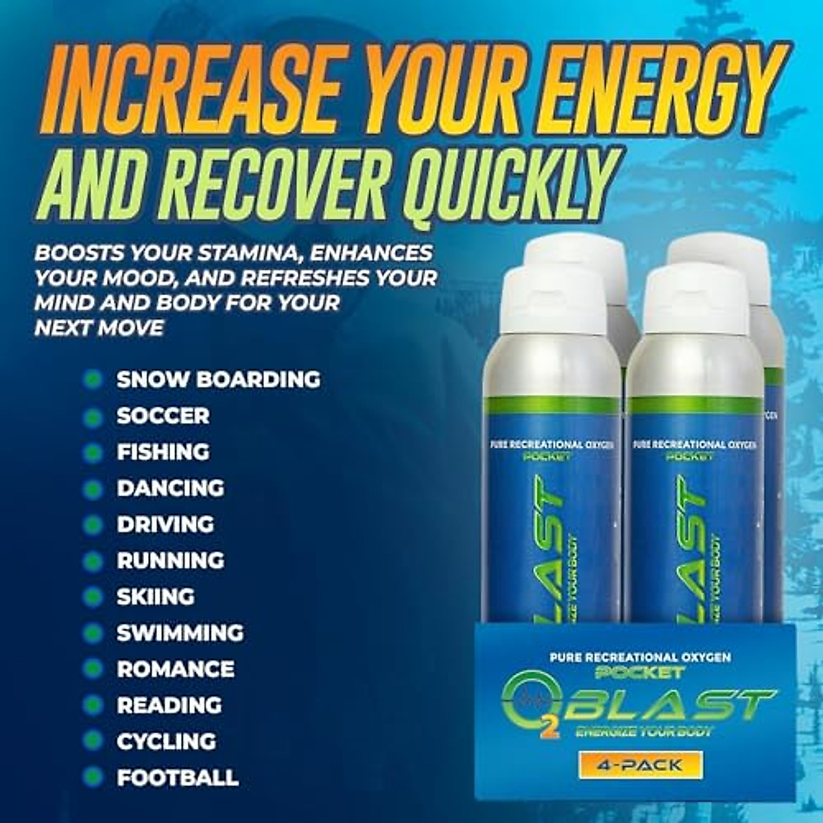 O2 Blast - Pure Oxygen Supplement - Supports Fast Recovery, Increase Stamina, & Enhanced Focus for High Altitude & Action Sports, Flip-Top Cap - 4 Liter Portable Canned Oxygen - 4 Pack