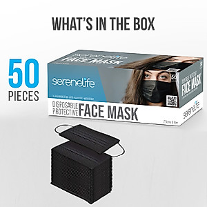 SereneLife 50 Count Disposable Face Masks | Breathable 3-Ply Layers | Made from Non-Woven Fabric | Comfortable Earloops | Daily Use & Personal Care | Easy to Use & Disposable | For Adults (Black)