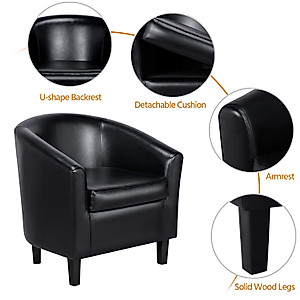 Topeakmart Faux Leather Club Chair, Modern Accent Chair and Cozy Barrel Chair with Sturdy Wood Legs for Living Room Bedroom Reception Room, Black