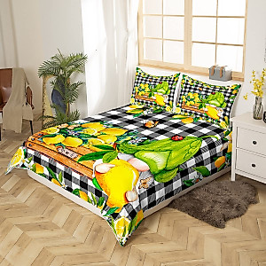 Kawaii Summer Lemon Gnomes Duvet Cover Set King Size,Black White Geometric Grid Bedding Set 3Pcs,Watercolor Summer Fruits Leaves Comforter Cover Cute Butterfly Animals Quilt Cover,Yellow Green