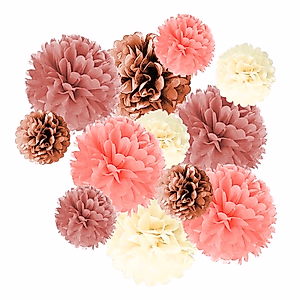 Blush Pink, Dusty Rose, Mauve, Cream Tissue Paper Pom Poms,Hanging Paper Pompoms Wedding Bridal Shower Bachelorette Party Decoration （8Pcs 12in,4Pcs 10in）
