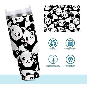 MCHIVER Cute Panda 30 oz Tumbler with Handle and Straw Stainless Steel Vacuum Water Bottle Leak-proof Travel Coffee Mug Insulated Tumbler for Home Office Car