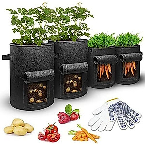La Main Verte Potato Grow Bags with Flap - [ 4 Pack ] 10 & 7 Gallon Fabric Pots with Handles [ Bonus ] Garden Gloves
