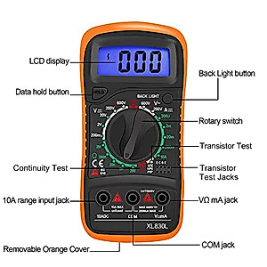 Digital Multimeter Voltmeter Battery Circuit Multi Tester OHM Volt Amp AC DC Voltage Current Continuity Resistance Diodes Electrical Test Meter with Test Leads LCD Display