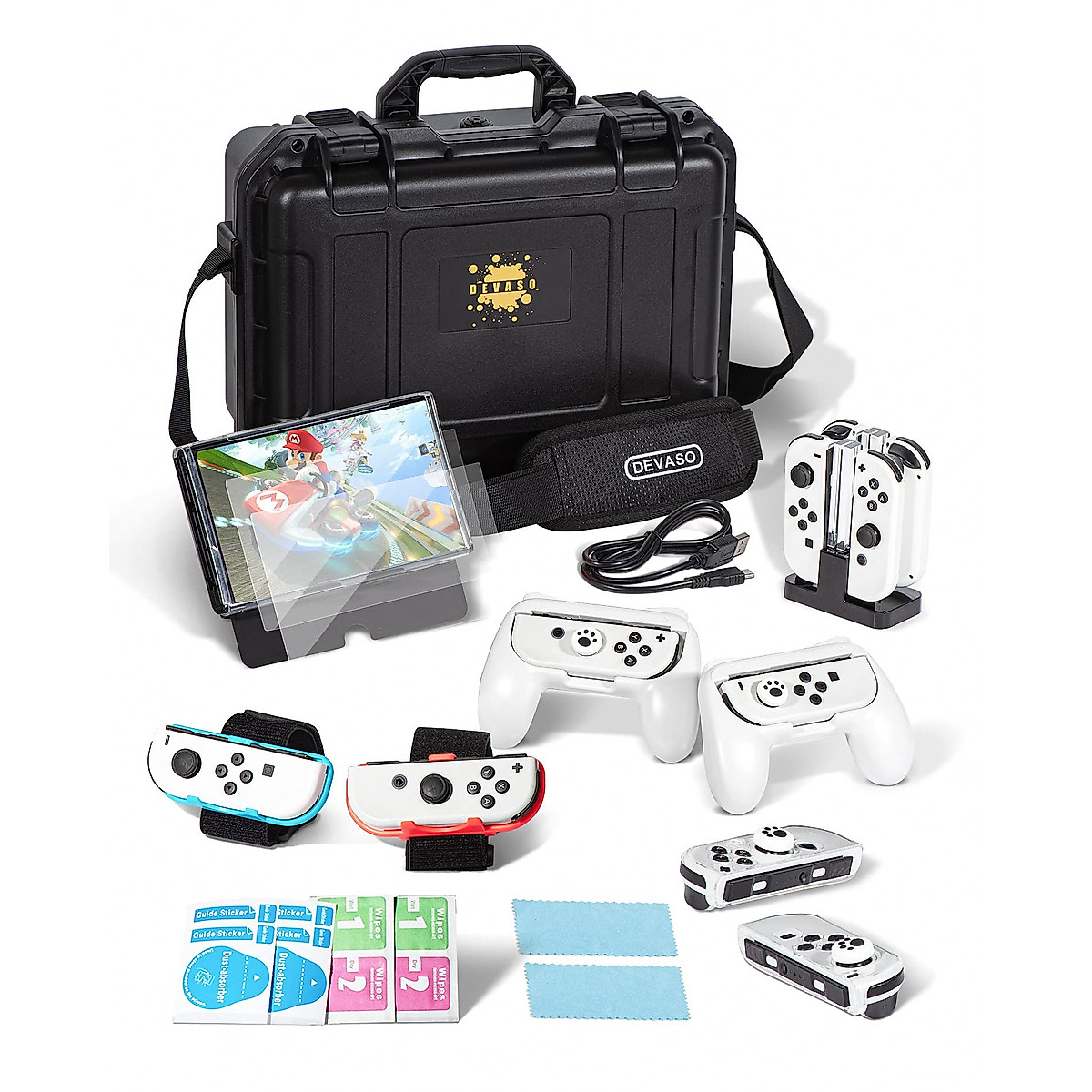 DEVASO Accessories Bundle for Nintendo Switch: Deluxe Waterproof Travel Case,Case & Screen Protector,Wireless Controller,Joystick Cap