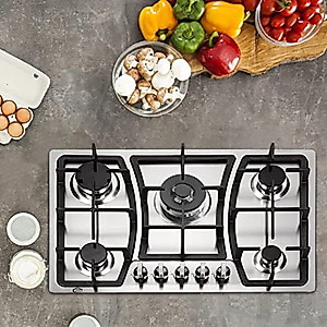 Gas Cooktop 30 Inch 5 Burners Gas Stove Gas Hob Stovetop Stainless Steel Cooktop Cast Iron Grates, Silver (30x 19.7x 4.5 inches)