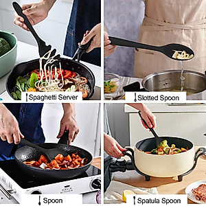 LIANYU 12-Piece Black Silicone Kitchen Cooking Utensils Set with Holder, Kitchen Tools Include Slotted Spatula Spoon Turner Ladle Tong Whisk, Dishwasher Safe