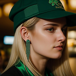 BriLove Rhinestone Earrings Dangling for Women Bridesmaid Wedding Fashion Long Chandelier Dangling Sparkle Crystal Tassel Dangle Drop Earring Emerald Color Green-Tone