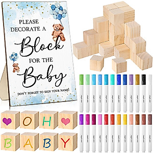Qilery 75 Pcs Baby Shower Games Sign Kit Including Decorate a Block Game Sign 50 DIY Blank Wooden Block 24 Acrylic Paint Marker Baby Shower Prize for Winners Gender Reveal, Bear (Blue)