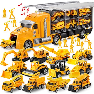 JOYIN 25 in 1 Construction Truck Vehicle Toy Set, Play Vehicles Set with Sounds and Lights in Carrier Truck, Push and Go Vehicle Car Toy, Kids Birthday Gifts for Over 3 Years Old Boys
