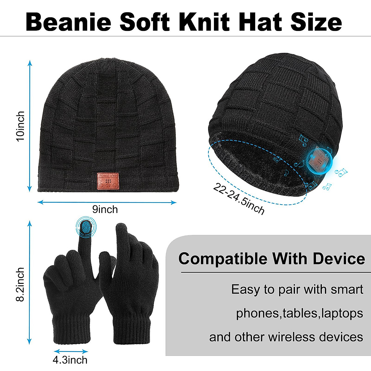 Honoson Bluetooth Beanie Set Includes 2 Pieces Bluetooth Beanie Hat Wireless Winter Hats 2 Pairs Winter Touchscreen Gloves Knit Stretch Gloves for Christmas Birthday Gifts for Men Women