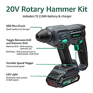 Amazon Brand - Denali by SKIL 20V Cordless Rotary Hammer Kit with 2.0Ah Lithium Battery and 2.4A Charger, Blue