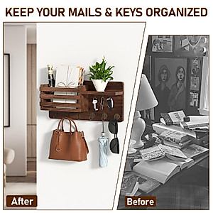 Key Holder Wall Mount, Key and Mail Holder for Wall, Wall Key Holder with Shelf and 6 Large Hooks for Bags, Coats, Umbrella, Wood Key Shelf for Entryway, 4 Small Key Hook, Wallet/Dog Leash Holder,Pine