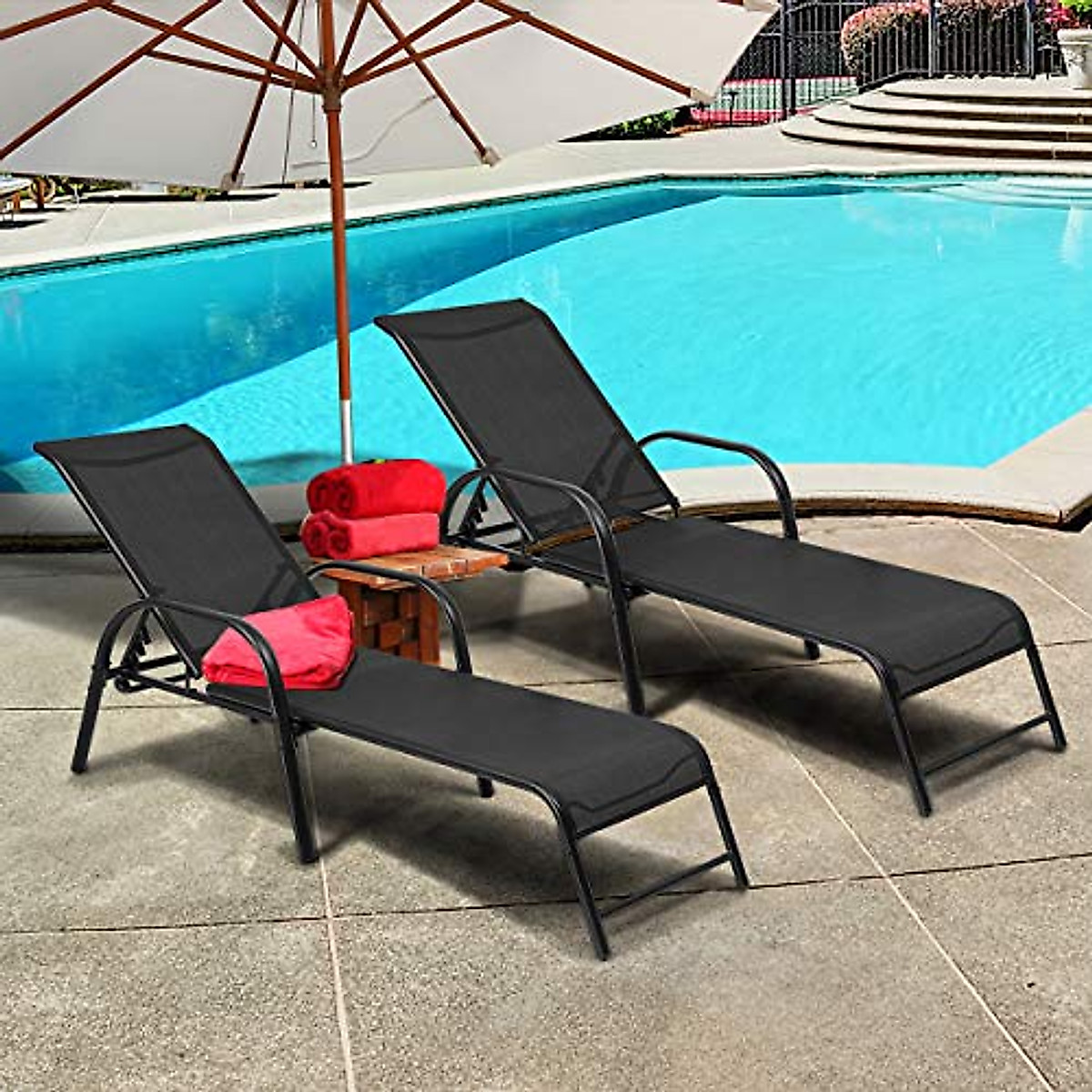 Tangkula Outdoor Patio Lounge Chaise, (Set of 2) Adjustable Folding Reclining Lounge Chairs, 5-Position Backrest Adjustment, Sling Chaise for Patio Beach Porch Swimming Poolside