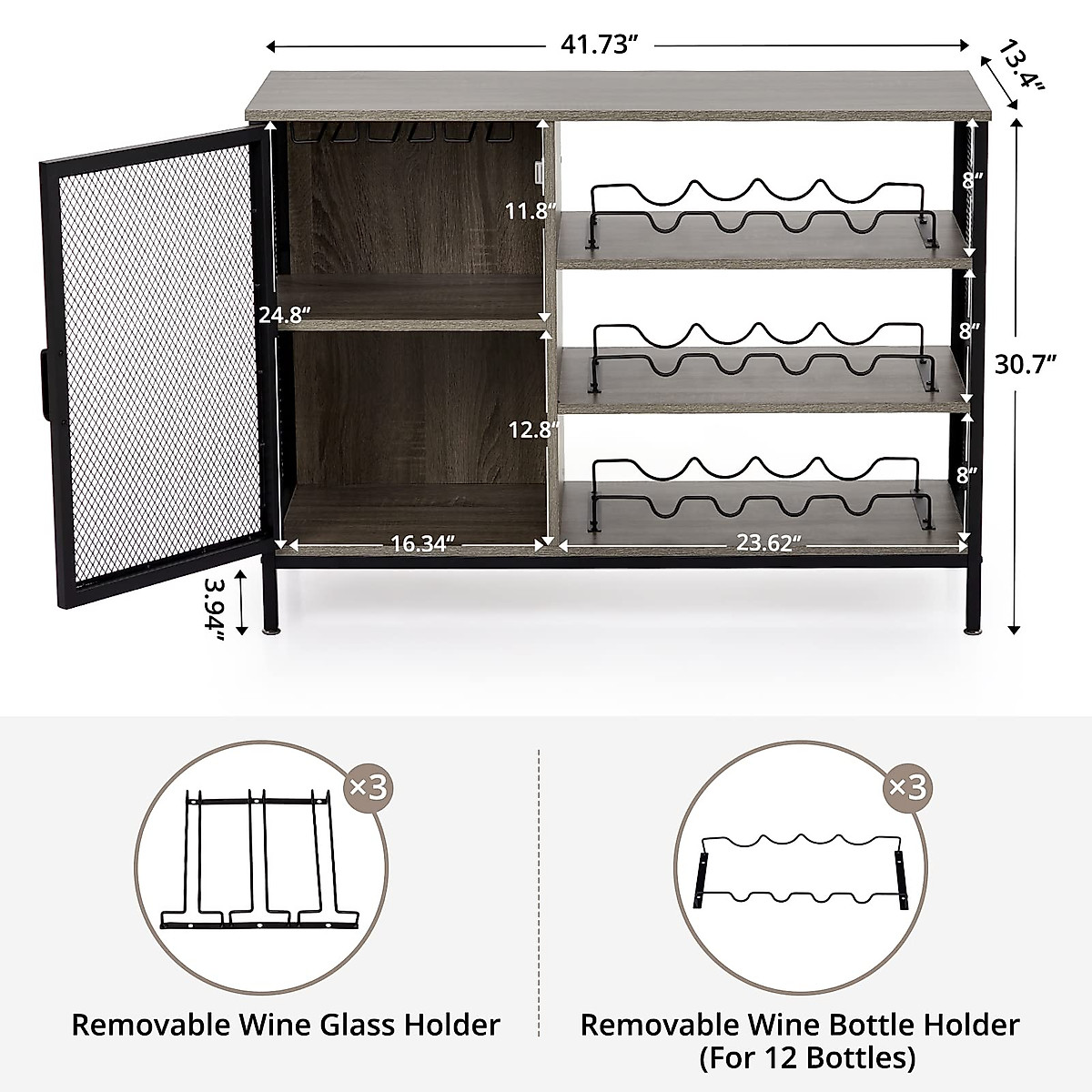Fashionwu 42 Inches Wine Cabinet with Storage Shelf, Industrial Bar Cabinet with Removable Wine Rack and Glass Holder, Wood Freestanding Wine Rack Cabinet for Liquor and Glasses(Gray)