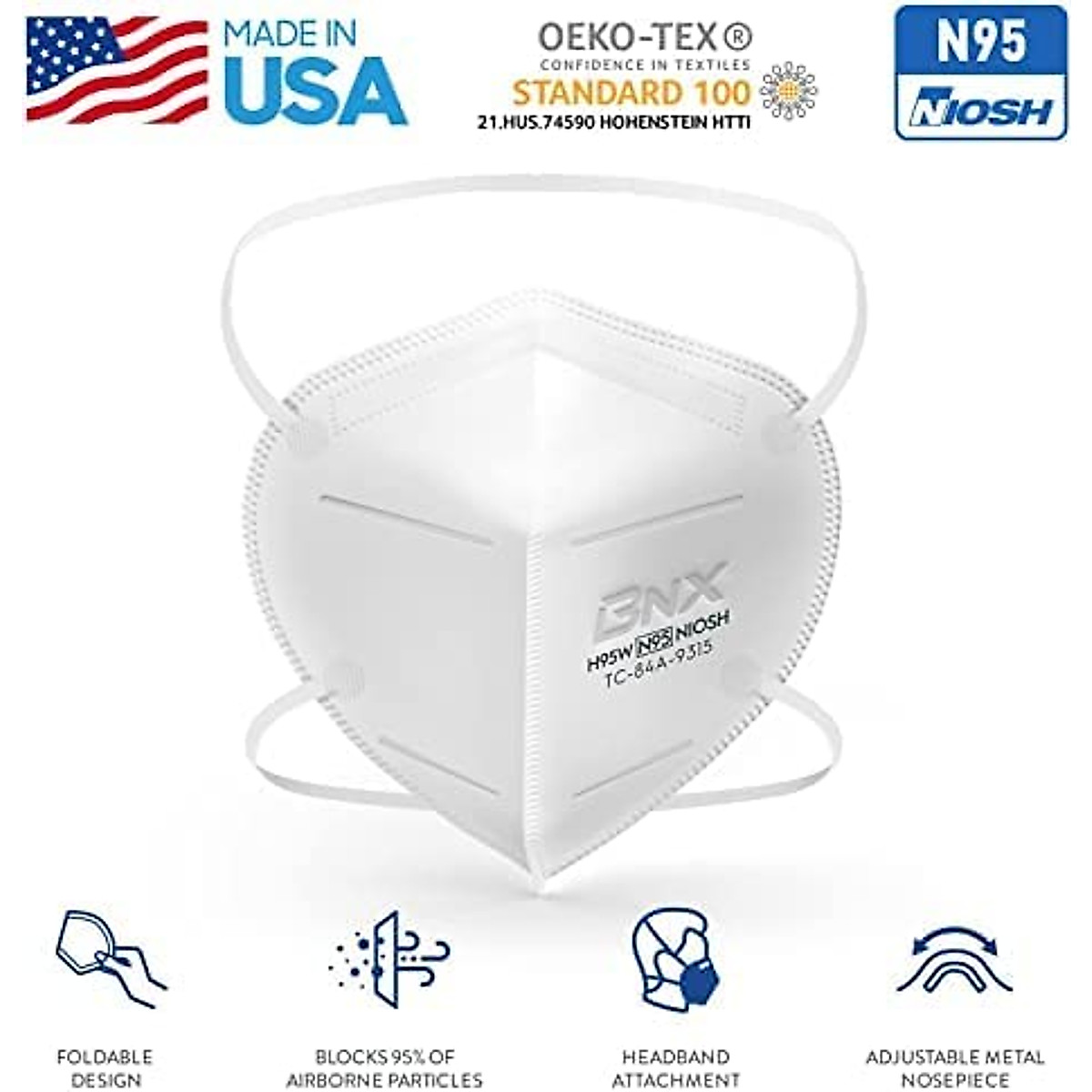 BNX N95 Mask NIOSH Certified MADE IN USA Particulate Respirator Protective Face Mask (20-Pack, Approval Number TC-84A-9315 / Model H95W) White