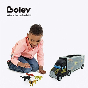 Boley 8 Piece 14" Safari Transport Truck Carrier - Miniature Animal Figures with Semi Truck Trailer Toy - Loadable Miniature Animals with Portable Truck and Collapsible, Easy-to-Hold Handle