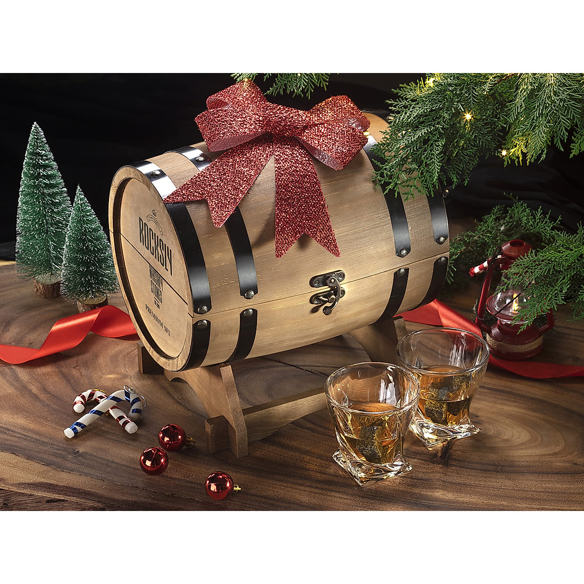 ROCKSLY Full Barrel BAR Set: Men’s Premium Whiskey Stones Gift Box, Wood Case & Stand, 2 Glasses, 8 Stones, Tongs, Carry Bag, & Cocktail Cards, 14 Pcs