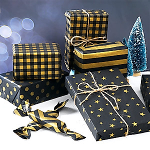 Bolsome 100 Sheets Gold Black Tissue Paper Bulk, 14"x20" Metallic Tissue Paper with Buffalo Plaid, Star, Stripe, Polka Dot, Wave Gold Design Patterned for 2023 Graduation Gift Wrapping