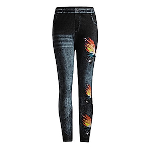MAYW Stretchy Comfy Seamless Skinny Denim Print Fake Jeans,Women's Denim Print Fake Jeans Seamless Full Length Leggings,Casual High Waist Flower Printed that Look Like Jeans for Women,black,XX-Large