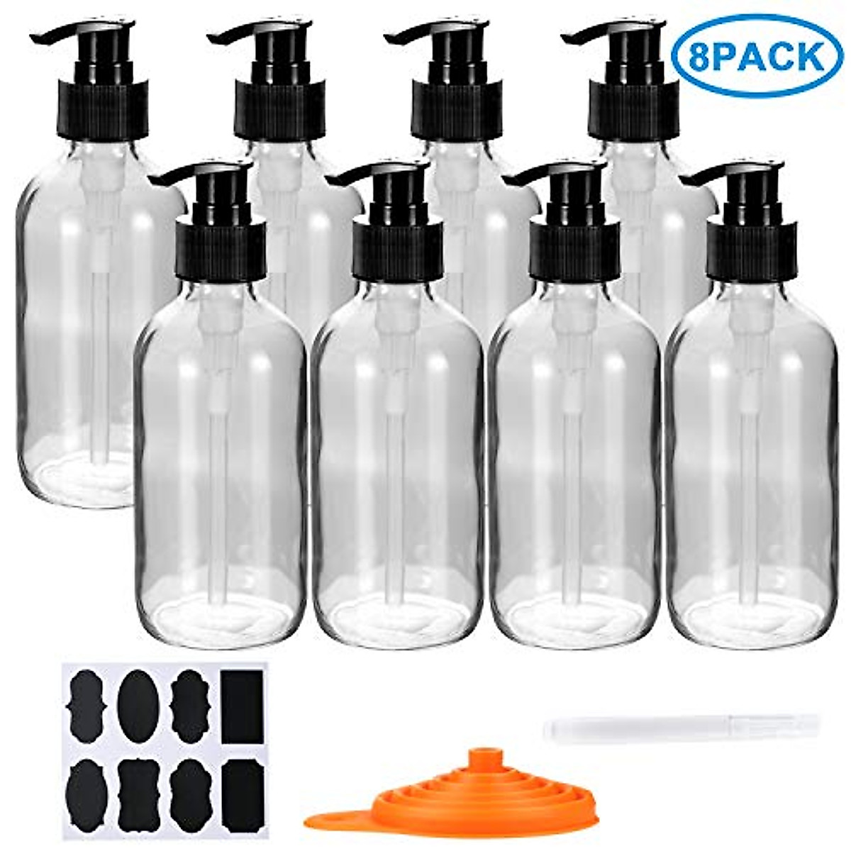 8oz 8 Pack Glass Pump Bottles, RUCKAE Clear Pump Bottle for Soap Dispenser, Empty Pump Bottle for Shampoo, Body Wash, Hand Soap, Lotion and More