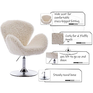 Wahson Faux Fur Armchair Modern Accent Chair with Chrome Base Leisure Swivel Chair Height Adjustable,Occasional Chair for Living Room/Bedroom/Lounge (Cream-Curly Fur)