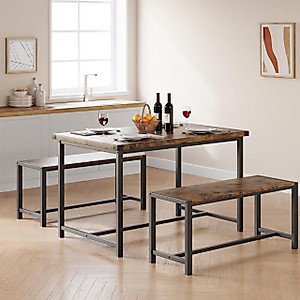 IDEALHOUSE Dining Table Set for 4, Kitchen Table with Benches, Rectangular Dining Room Table Set with 2 Metal Wood Benches, 3 Piece Dining Table Set for Small Space, Apartment, Studio, Rustic Brown