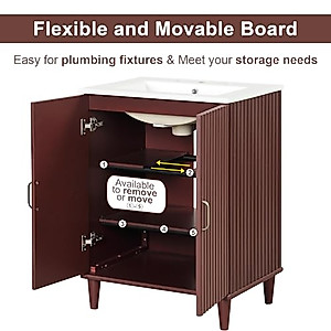 Tomkate 24 Inch Bathroom Vanities with Sink, Freestanding Bathroom Vanity with Ceramic Single Sink Combo, Modern Undermount Bathroom Sink Cabinet with Two Doors, Adjustable Shelves (Rosy)