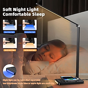 GTIMLMC Desk Lamp with Wireless Charger, LED Table Lamps for Home Office, USB Charging Port, Blue and Warm Bedside Night Light, Touch Dimmable, Eye-Caring, Timer, with Adapter, Black