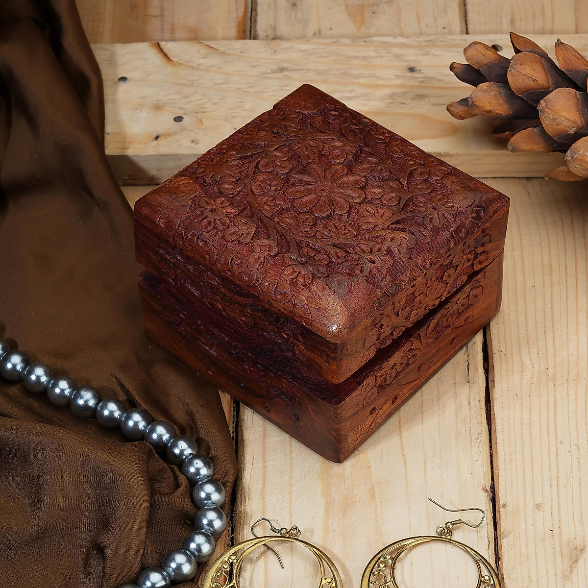 Ajuny Wooden Hand Carved Decorative Keepsake Box Jewelry Armoire Treasure Chest Trinket Holder Storage Travel Organiser Perfect Unique Gifts Ideas for Men and Women