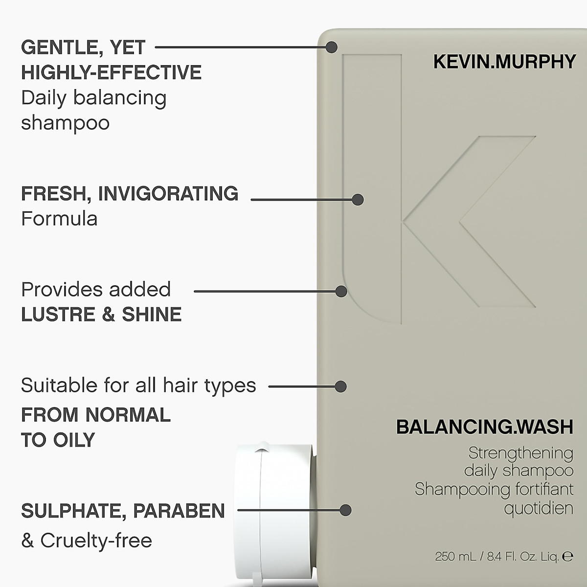 KEVIN.MURPHY BALANCING.WASH - Strengthening Daily Shampoo - For Normal & Oily Hair - Antioxidant Shampoo - Colour Safe Hair Care - Sulphate & Paraben Free - 250 mL / 8.4 fl oz