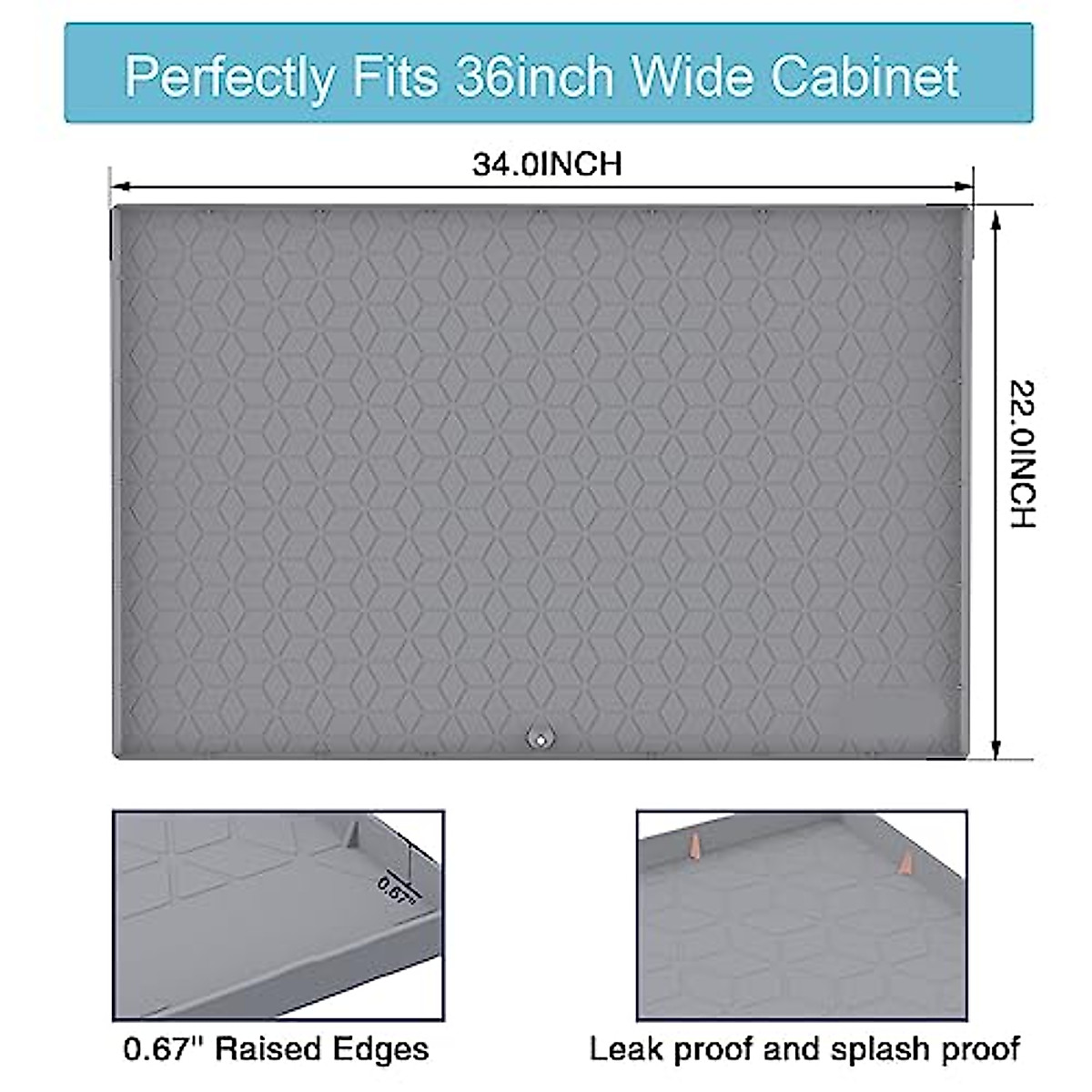 Under Sink Mat, 34" x 22" Flexible Silicone Under Sink Liner for Kitchen Waterproof Drip Tray with Drain Hole, Sink Cabinet Protector Bathroom Mats for Leaks, Spills, Water Drips (Gray)(Thick 1130g
