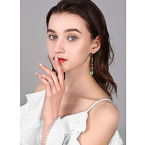 Indian Ethnic Vintage Silver Crystal Teardrop Dangle Drop Earrings Boho Gypsy Retro Rhinestone Hook Earrings for Women Love Gift (Green)