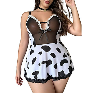 WDIRARA Women's Plus Size Maid Lingerie Dress Cow Print Lace Mesh Deep V Neck Dresses Halloween Cosplay Lingerie Black and White 2XL