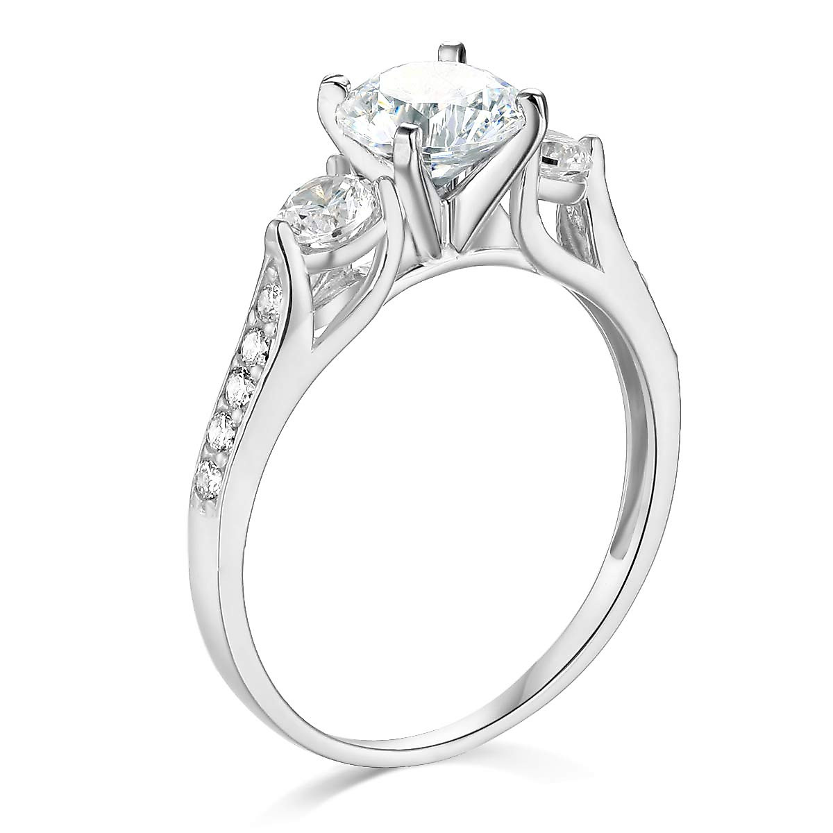 Wellingsale Ladies Solid 14k White Gold Polished CZ Cubic Zirconia Round Cut Three 3 Stone Engagement Ring with Side Stones - Size 7.5