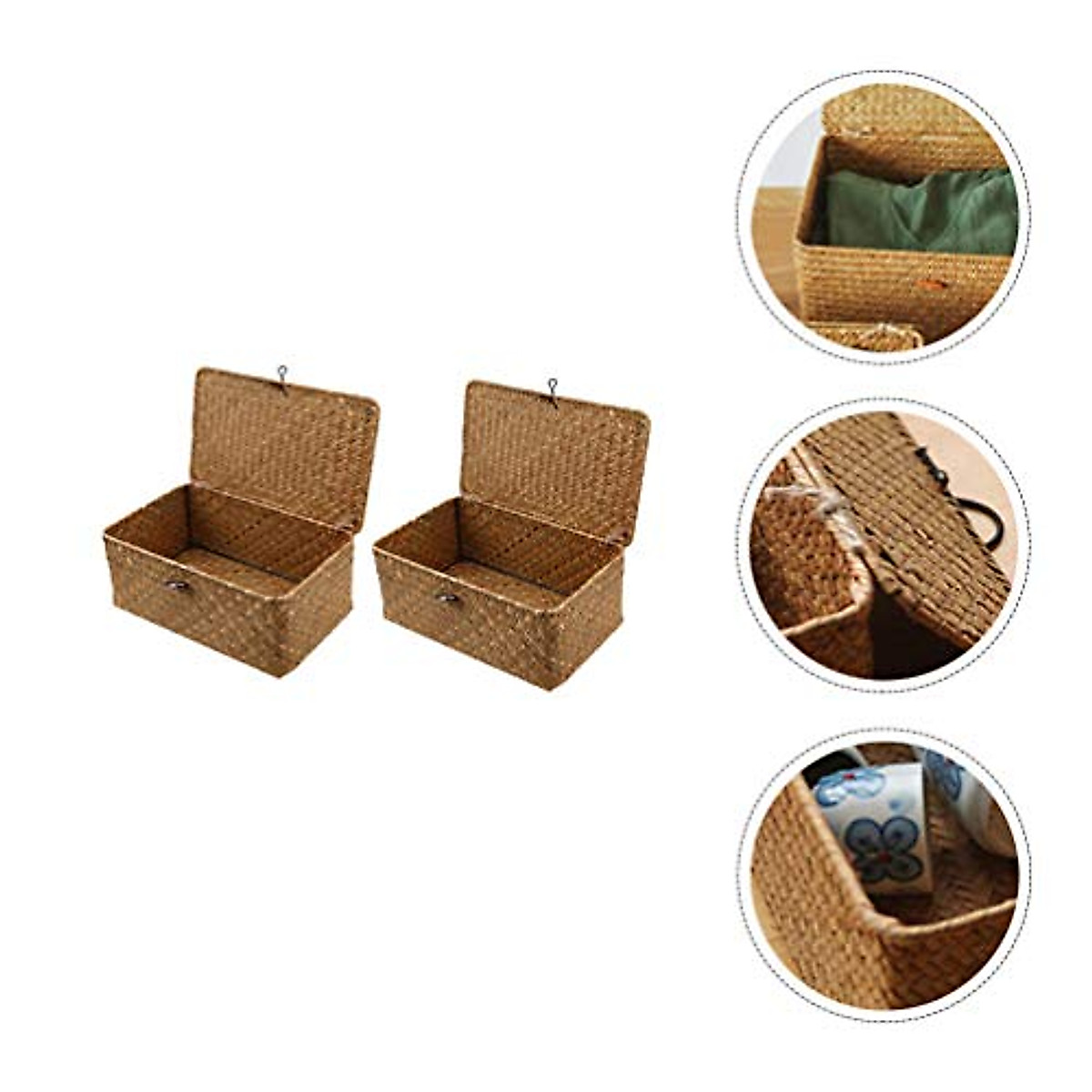 YARNOW 2pcs Seagrass Storage Baskets with Lids Rectangular Rattan Baskets Woven Wicker Storage Bins Wooden Picnic Basket Laundry Hamper Container